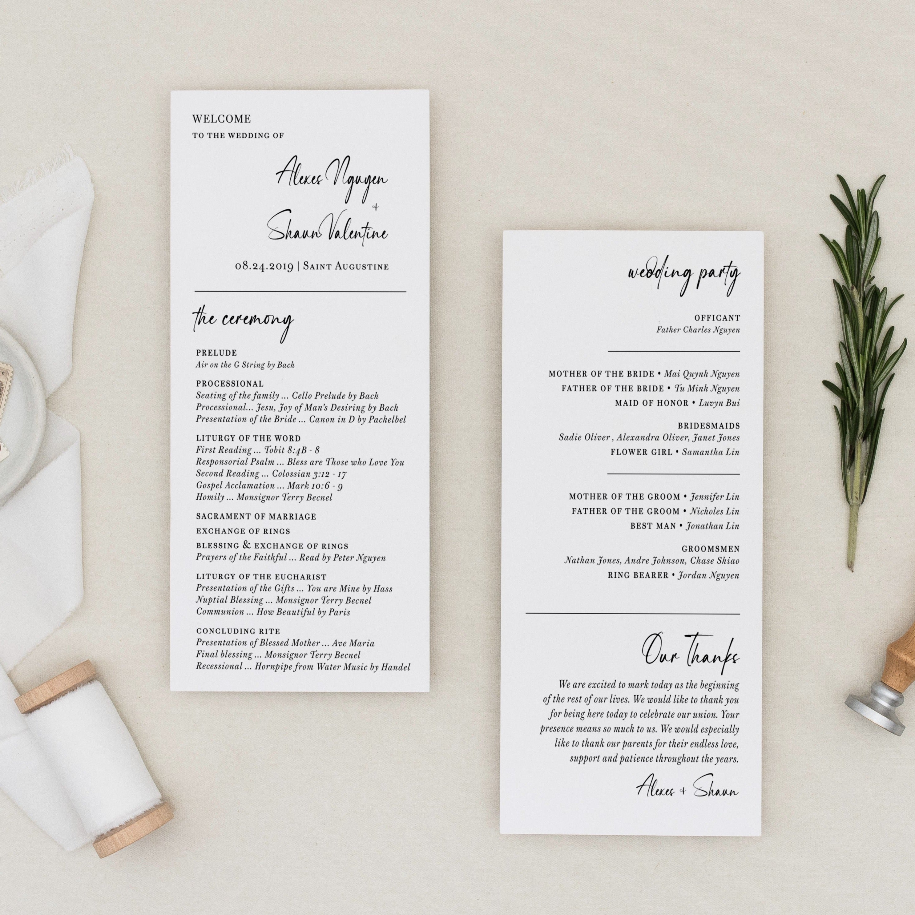 HONORINE | Modern Program Cards – Bilingual Invitations